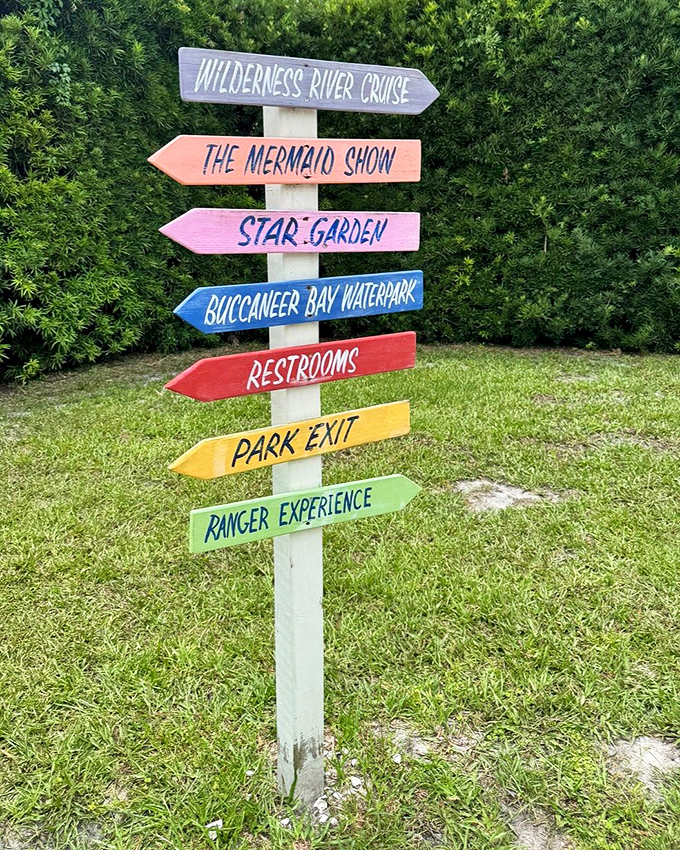 The most cheerful directional post you'll ever see. With options this colorful, even getting lost sounds like a delightful adventure.