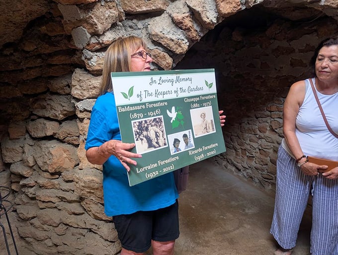 The tour guide shares the fascinating history of the gardens' caretakers. Underground stories come alive through passionate storytelling and preserved memories.