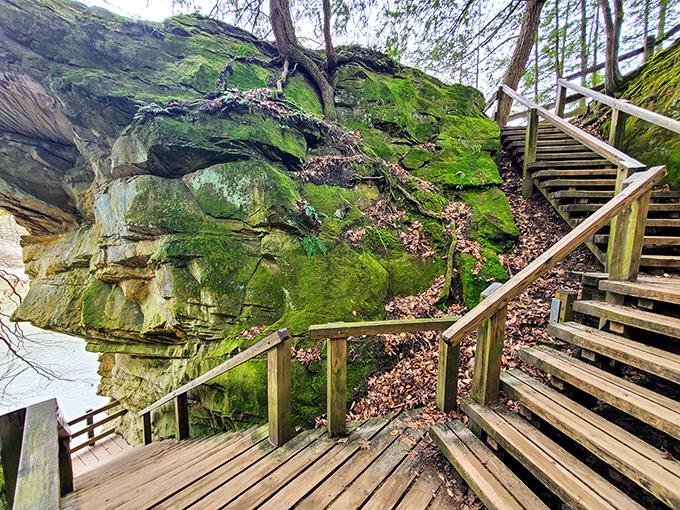 Stairway to heaven? Not quite, but these wooden steps leading through moss-covered rock formations offer a spiritual experience that doesn't require crossing the Styx.
