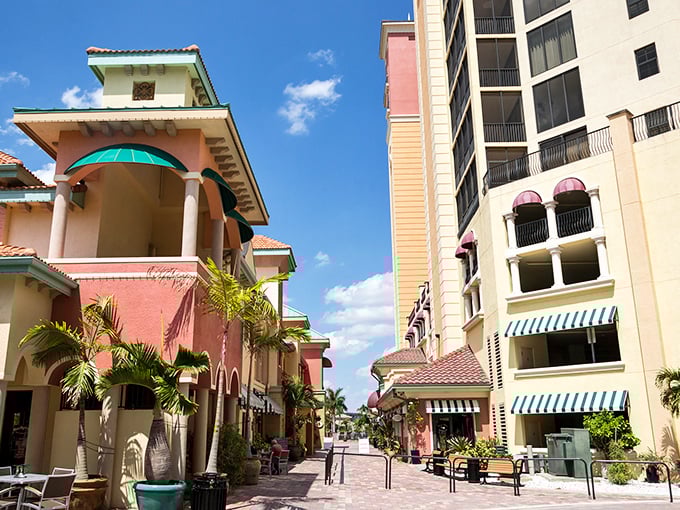 Mediterranean meets Florida in Cape Coral's shopping districts. The pastel palette says "vacation" even when you're just running errands.