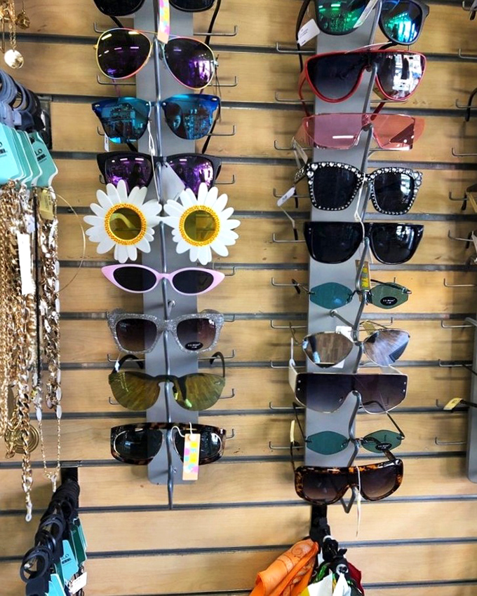 The sunglasses display offers everything from practical shades to conversation-starting styles&mdash;those daisy frames are calling your name!
