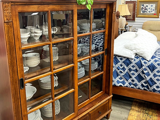 That antique china cabinet holds enough perfectly preserved dishware to host Thanksgiving dinner for your entire extended family.