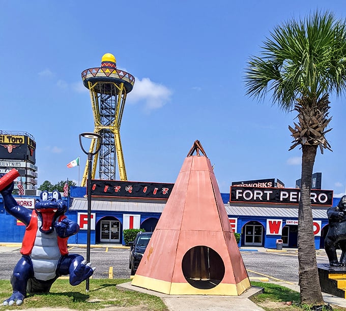 The Sombrero Tower rises like a beacon of fun, offering panoramic views of interstate commerce and Carolina countryside.