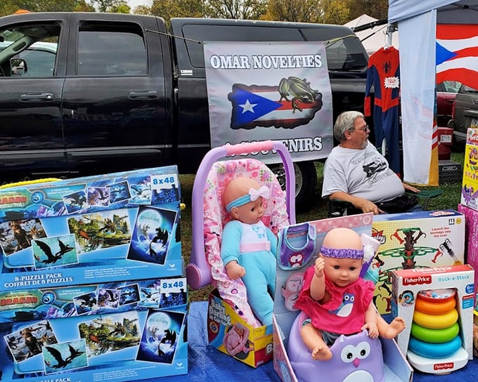 Toy story unfolding! From puzzles to baby dolls, this vendor offers childhood joy by the boxful to a new generation.