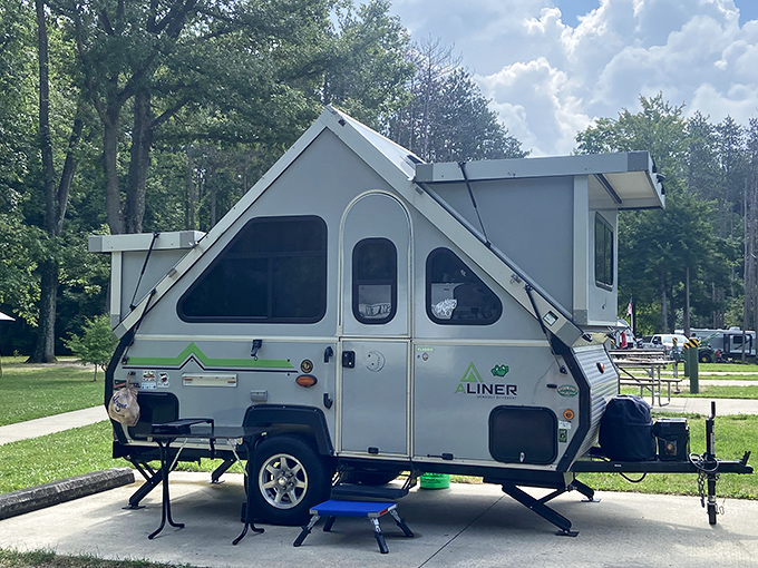 Camping gets the tiny house treatment with this compact A-liner&mdash;proof you don't need mansion-sized accommodations to enjoy woodland luxury. 