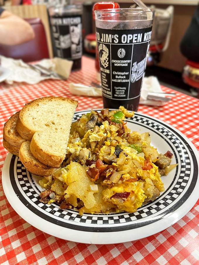 The JOK coffee mug stands guard over a breakfast scramble that contains everything good about mornings in America.