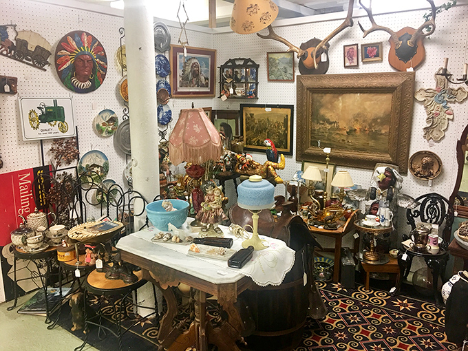 A booth that looks like your eccentric great-aunt's living room exploded in the best possible way &ndash; lamps, artwork, and curiosities creating organized chaos.