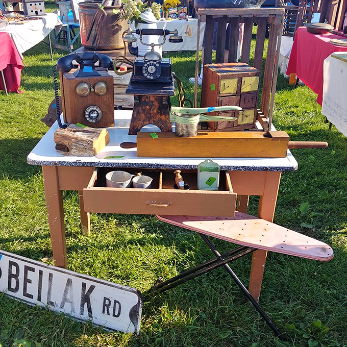 Hello from the past! These antique telephones and kitchen gadgets remind us of a time when conversations had cords and cooking required elbow grease.
