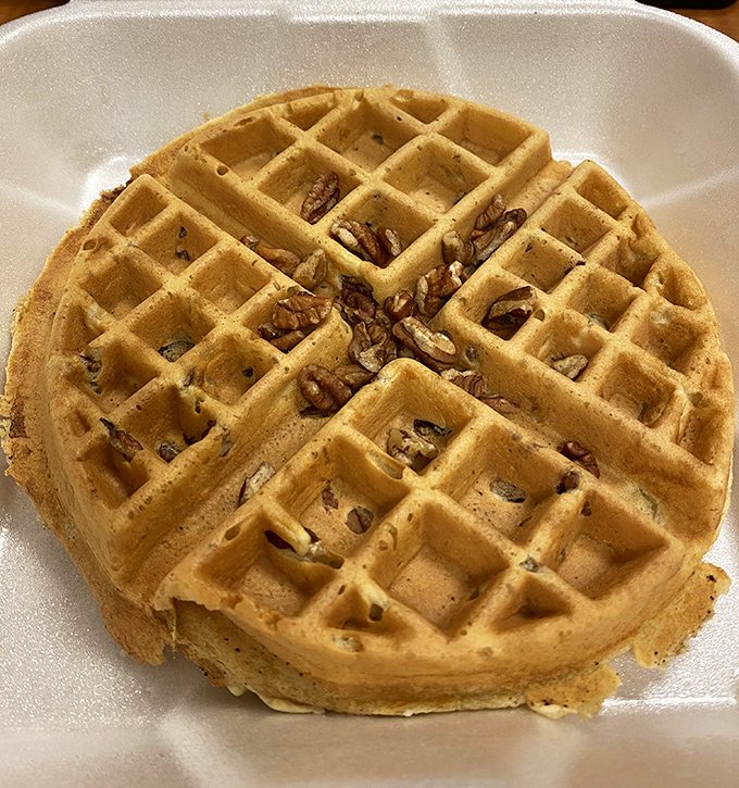 This waffle doesn't need fancy toppings to impress&mdash;just perfectly golden squares creating little pools for butter and syrup. The pecans add that "I'm an adult" touch.