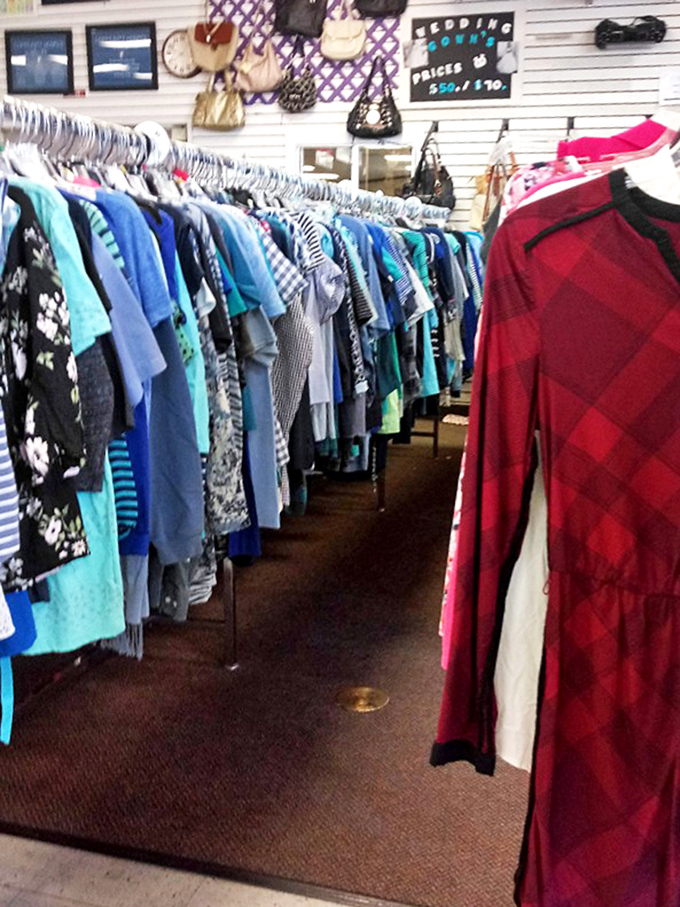 Blues, teals, and a pop of red plaid&mdash;this clothing section offers more variety than my attempts at sticking to a diet.
