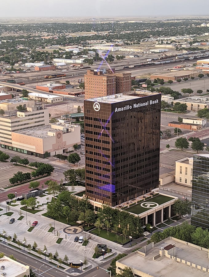 The sleek Amarillo National Bank tower rises above the city, a modern landmark set against the vast Texas Panhandle horizon.