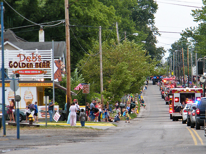 Apple Creek's main street might be quiet, but those horse-drawn wagons speak volumes about the community's enduring traditions.