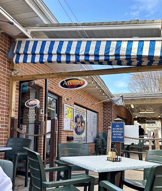 Arena's blue-and-white striped awning flutters like a sandwich semaphore, signaling deliciousness to Rehoboth Beach visitors.