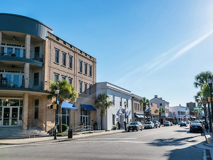 Beaufort's waterfront district combines coastal charm with historic architecture under palm-dotted skies.