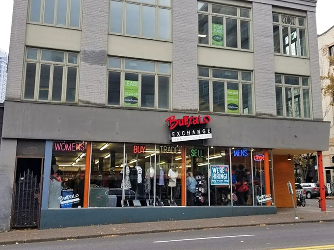 Buffalo Exchange's storefront glows with neon promise&mdash;a curated collection of fashion's greatest hits awaiting new performers.