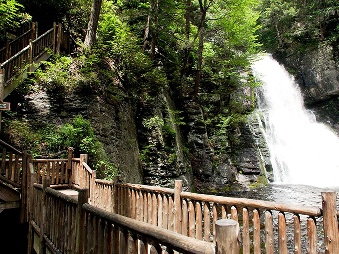 Bushkill's wooden walkways take you right to the edge of thundering falls. Nature's power on full display!