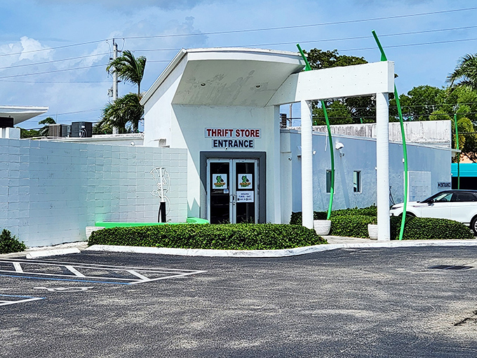Charity Thrift Stores' simple entrance belies the wonderland within. White walls and a straightforward sign&mdash;no frills, just fantastic finds.