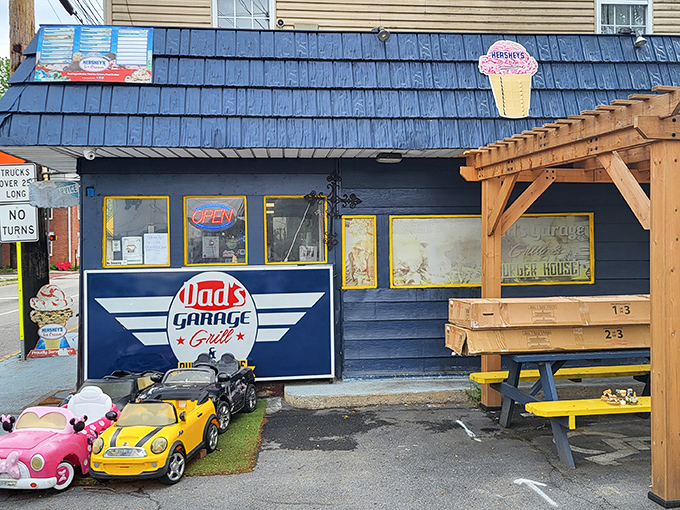 Dad's Garage Grill embraces its playful theme with toy cars parked outside &ndash; dinner and entertainment in one stop!