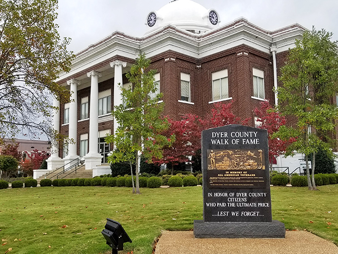 Dyersburg's courthouse stands as a testament to small-town pride. That "Walk of Fame" marker honors local heroes who served their country.