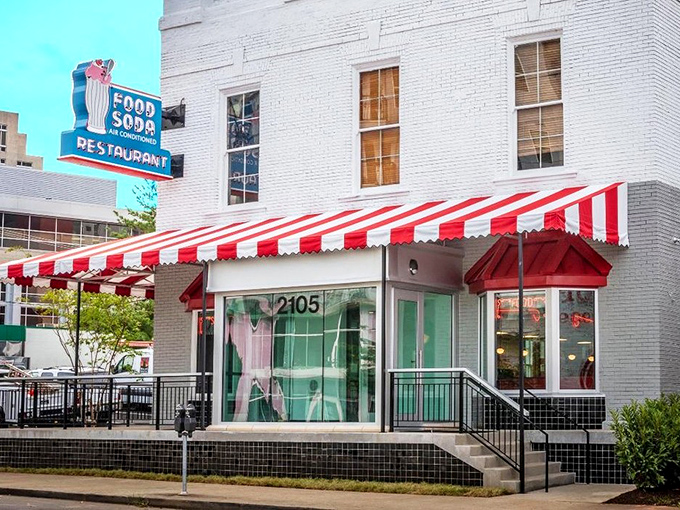Elliston Place Soda Shop's striped awning announces you've discovered Nashville's sweetest time machine experience.