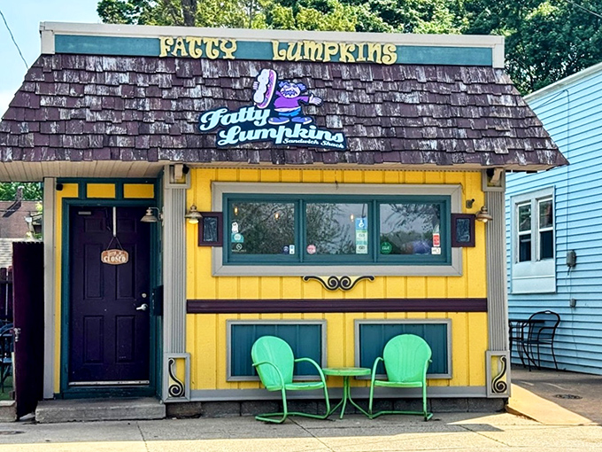 Fatty Lumpkins' storybook yellow cottage with its whimsical sign promises sandwiches as colorful as its exterior