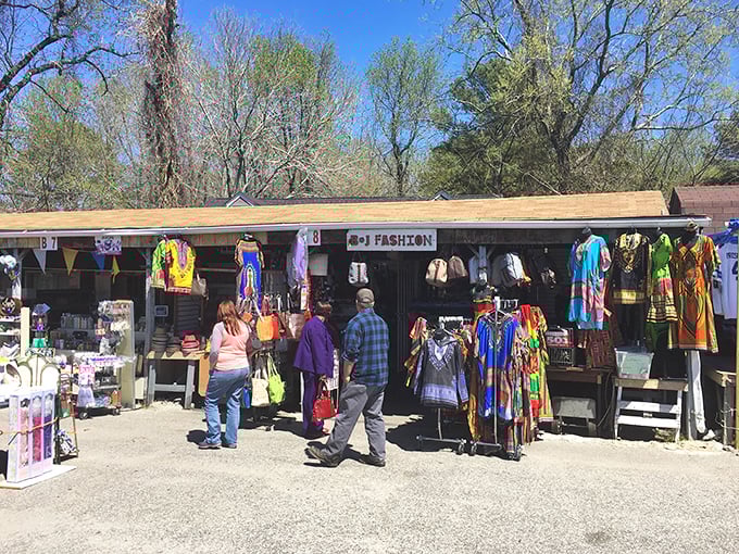 Colorful clothing displays create a rainbow of affordable fashion options. Who needs mall prices when you have this?