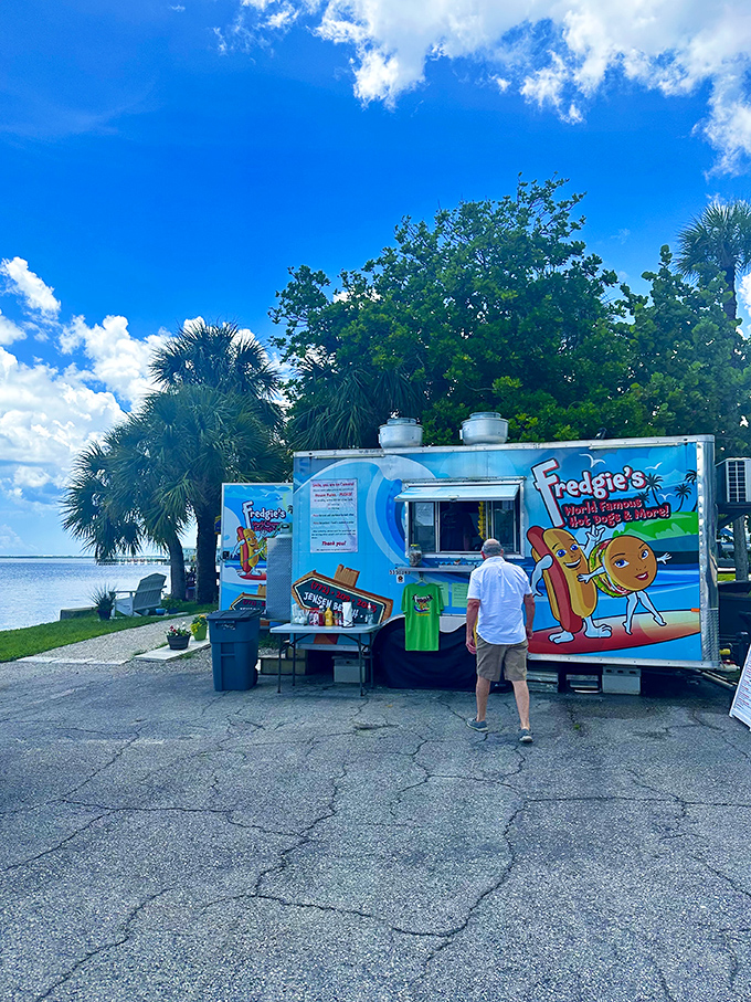 Waterfront dining gets the hot dog treatment - because sometimes paradise needs a perfectly grilled frankfurter too.
