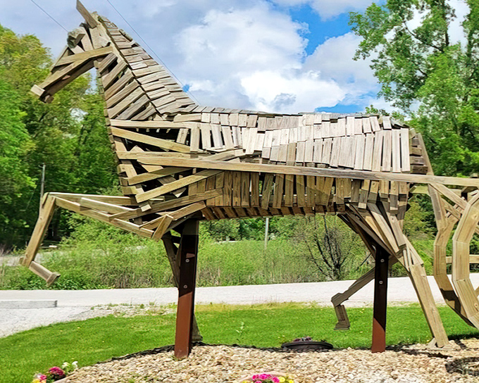 This masterfully crafted wooden horse captures the grace and strength of traditional Amish transportation in stunning detail.