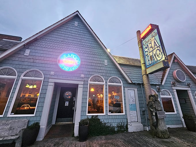 The Sea Hag's glowing neon sign is like a beacon in the night, guiding hungry souls toward seafood salvation in Depoe Bay.