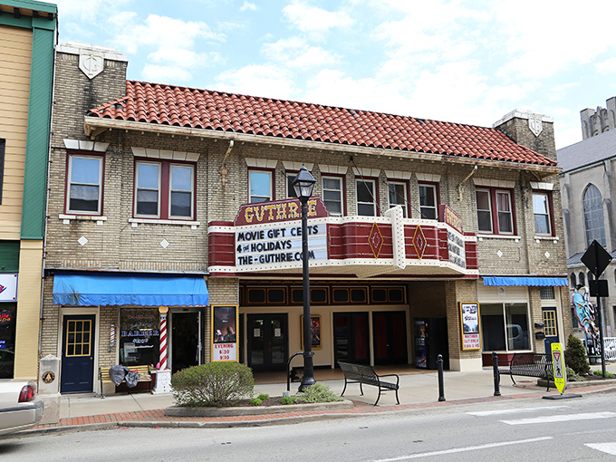 Grove City's historic Guthrie Theatre marquee lights up the main street, promising entertainment that costs less than big-city parking.