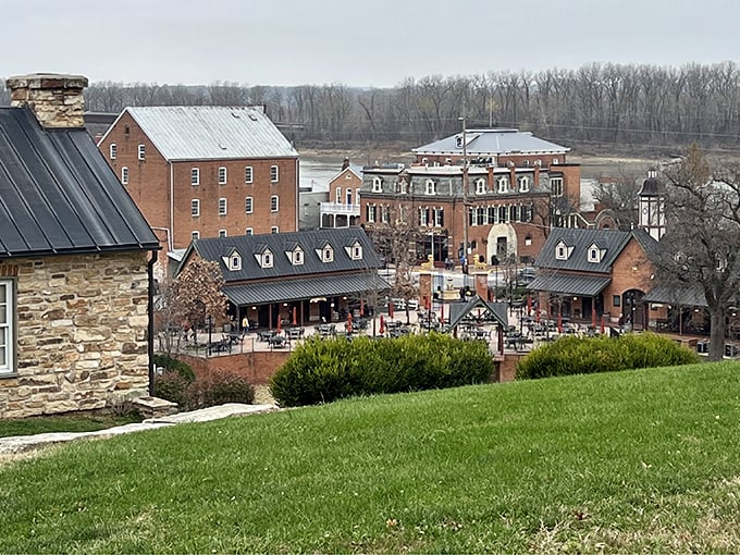 Hermann's hillside view showcases brick buildings nestled together like old friends gathering for coffee &ndash; which, coincidentally, you can enjoy while taking in this vista.
