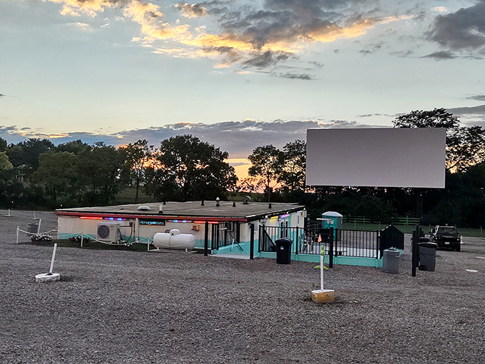 Holiday Auto Theatre's vintage charm shines at dusk. Where classic cars and classic films create timeless Ohio nights.