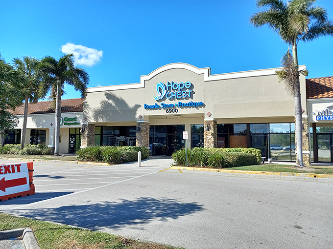 Hope Chest's upscale exterior suggests the boutique experience waiting inside. Thrifting with a touch of class!
