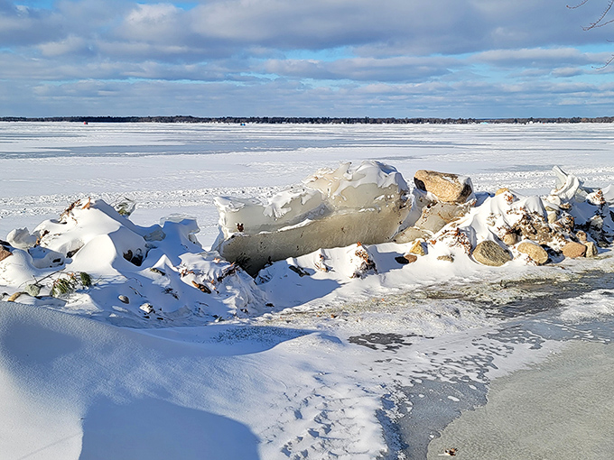 Houghton Lake in winter—a frozen wonderland. Michigan's largest inland lake transforms into nature's ice playground.