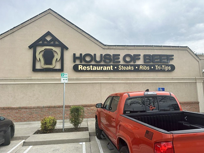House of Beef makes its mission clear with no-nonsense signage. This straightforward approach extends to their perfectly prepared prime rib and steaks.