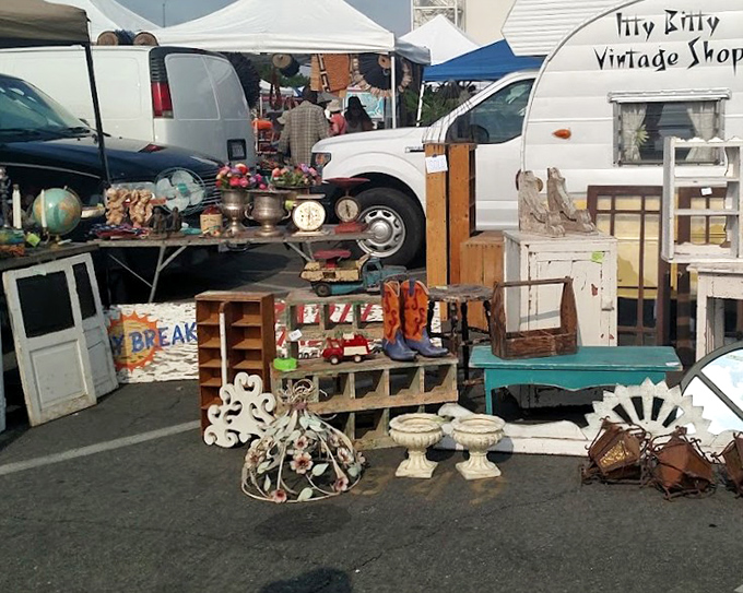 "Itty Bitty Vintage Shop" displays charming treasures from yesteryear&mdash;from cowboy boots to decorative urns&mdash;all waiting for new homes.