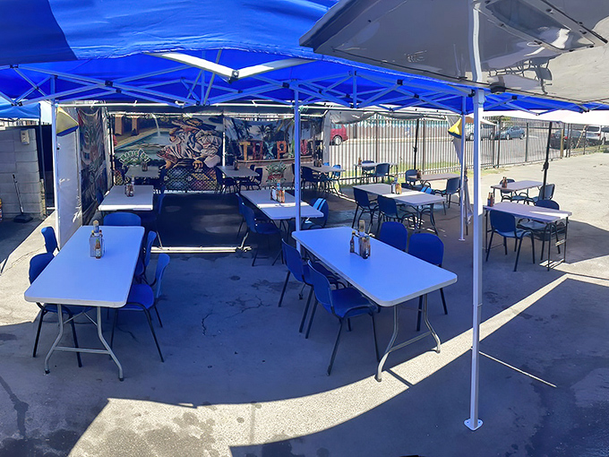 Mariscos El Tambo: Blue tables under blue skies create the perfect backdrop for Mexican seafood magic in this unexpected Compton treasure.