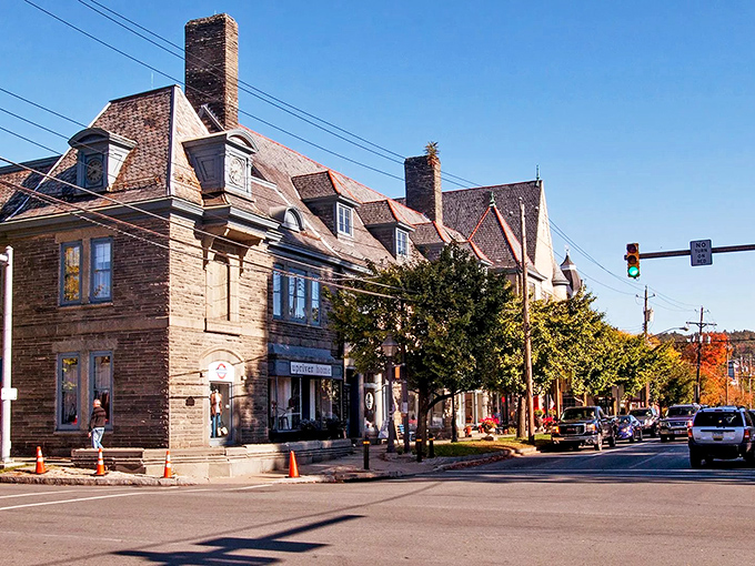 Milford's patriotic spirit shines through its historic buildings, where American flags wave welcome against red brick backdrops.