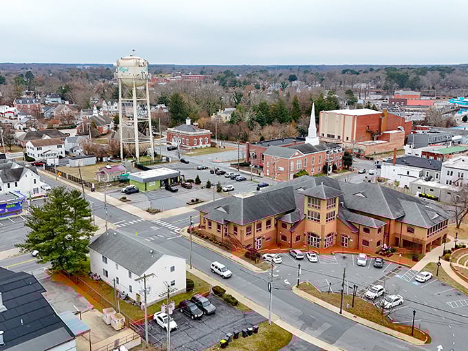 A peaceful aerial view of Milford shows charming streets, historic buildings, and a welcoming small town atmosphere full of character.