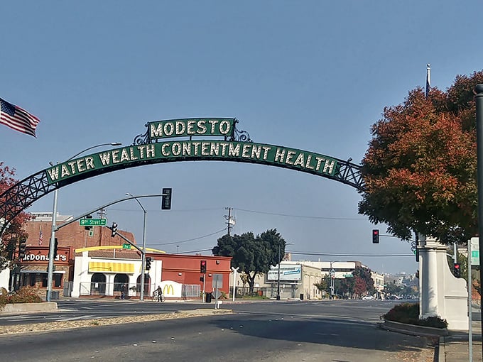 The famous "Modesto Arch" welcomes visitors to a city where your Social Security check can actually cover your living expenses.