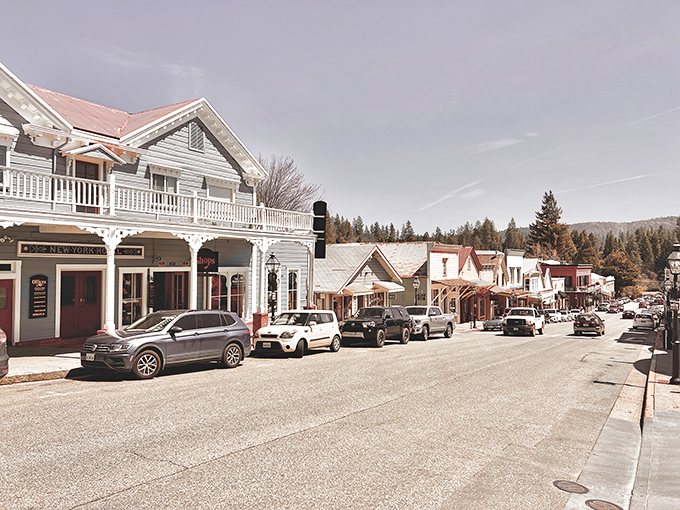 Nevada City's historic downtown building showcases the Gold Rush era's architectural grandeur, now housing modern businesses.