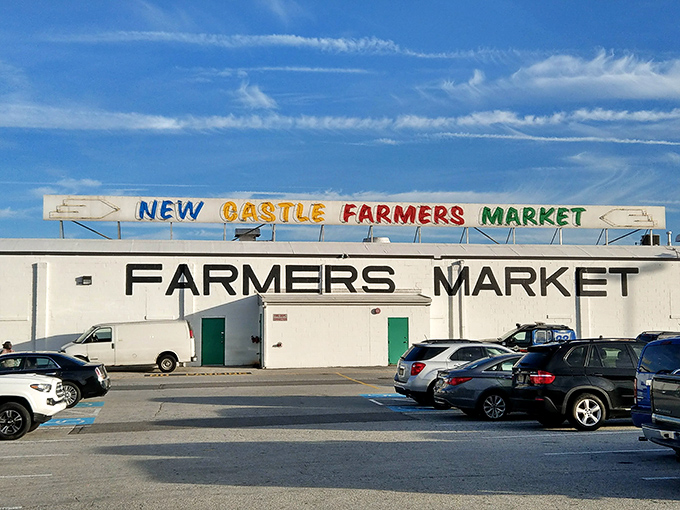 The New Castle Farmers Market sign pops against the blue sky&mdash;a colorful promise of delights within.