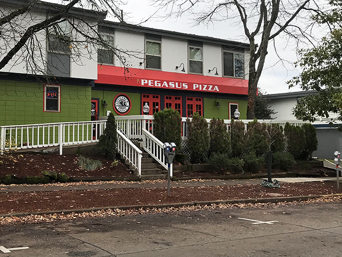 That bright red Pegasus sign beckons like a pizza lighthouse guiding hungry souls to cheesy salvation.