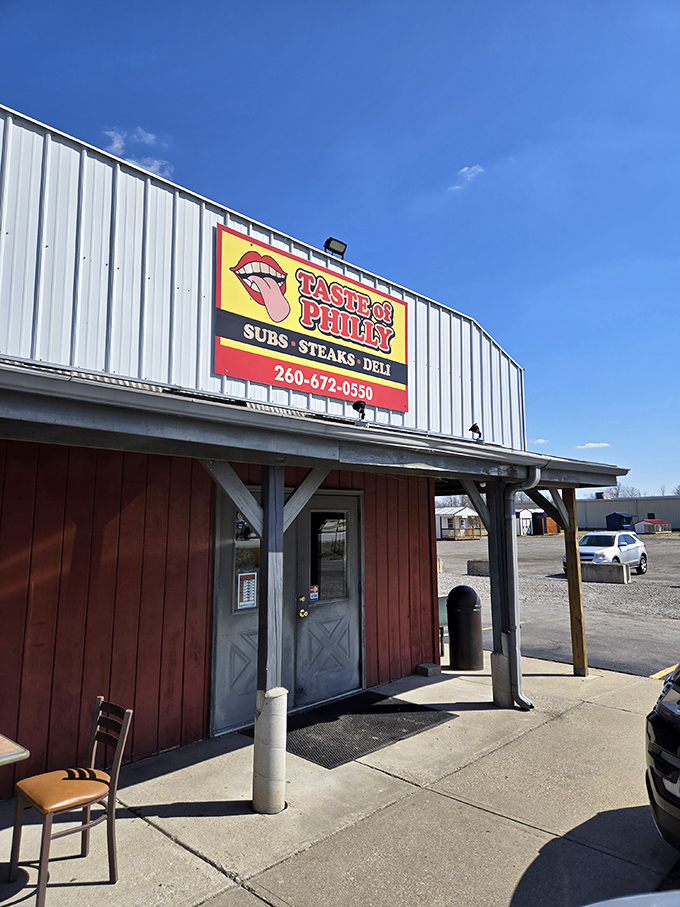 Taste of Philly's bold yellow sign with its cheeky tongue logo promises Philadelphia flavor without the Philly attitude or parking tickets.