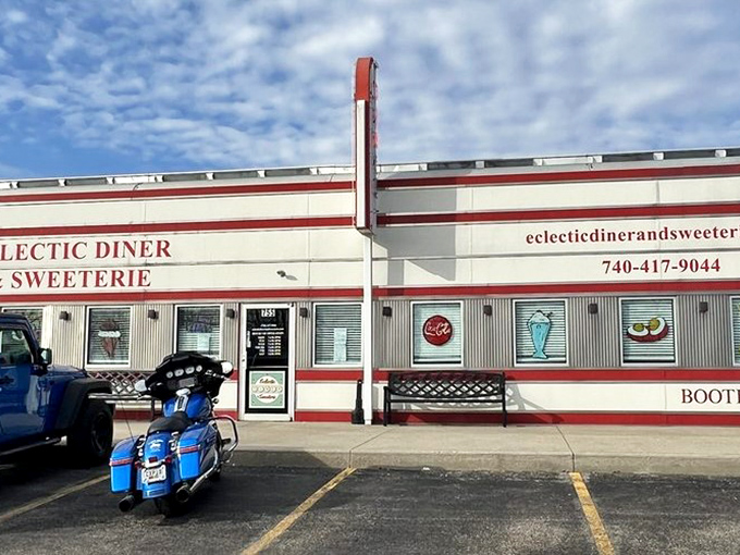 Classic diner architecture meets sweet surprises - that vintage sign promises both hearty meals and heavenly desserts under one roof.