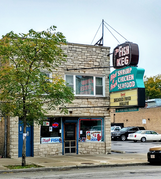 The Fish Keg's vintage sign promises fried delights that have kept Chicagoans coming back for generations.