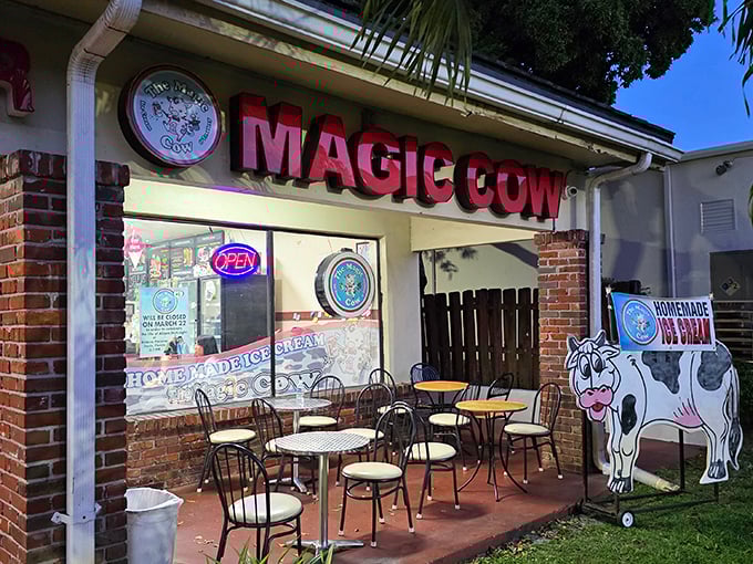 The Magic Cow's cheerful cartoon mascot promises homemade scoops that'll make you believe in ice cream enchantment.