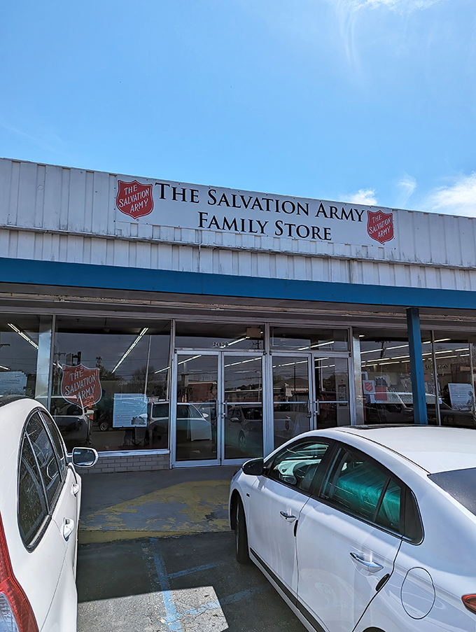 The Salvation Army's familiar red shield logo signals community support wrapped up in fantastic deals on everything families need daily.