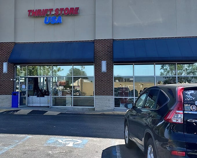 Thrift Store USA's bold red and blue signage promises a patriotic approach to penny-pinching pleasures.