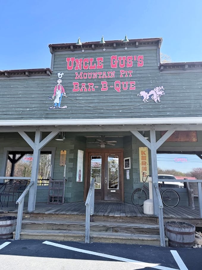 "That cartoon pig chasing a cleaver-wielding man tells you this place has serious BBQ and a sense of humor."